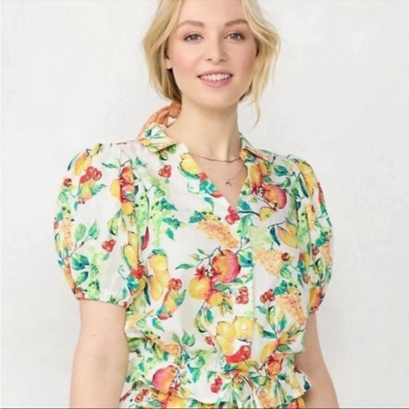 LC Lauren Conrad | Tops | Puffy Sleeves Blouse With Fun Fruit Print ...